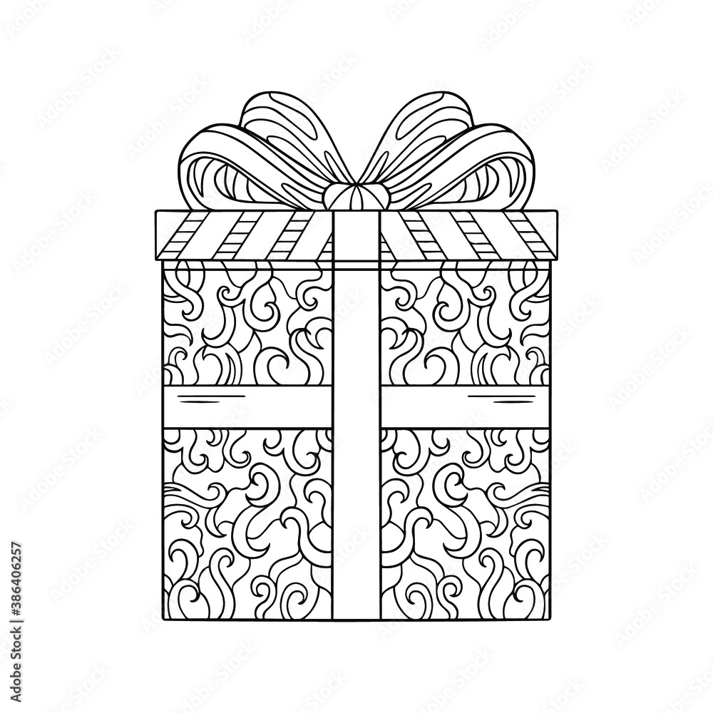 Gift box with big bow with patterns for coloring book. Vector outline ...