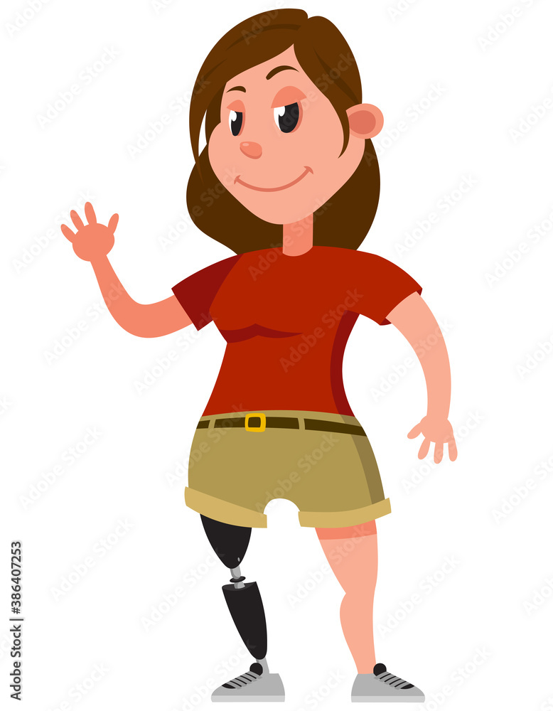 Woman with prosthetic leg. Female character in cartoon style. Stock ...