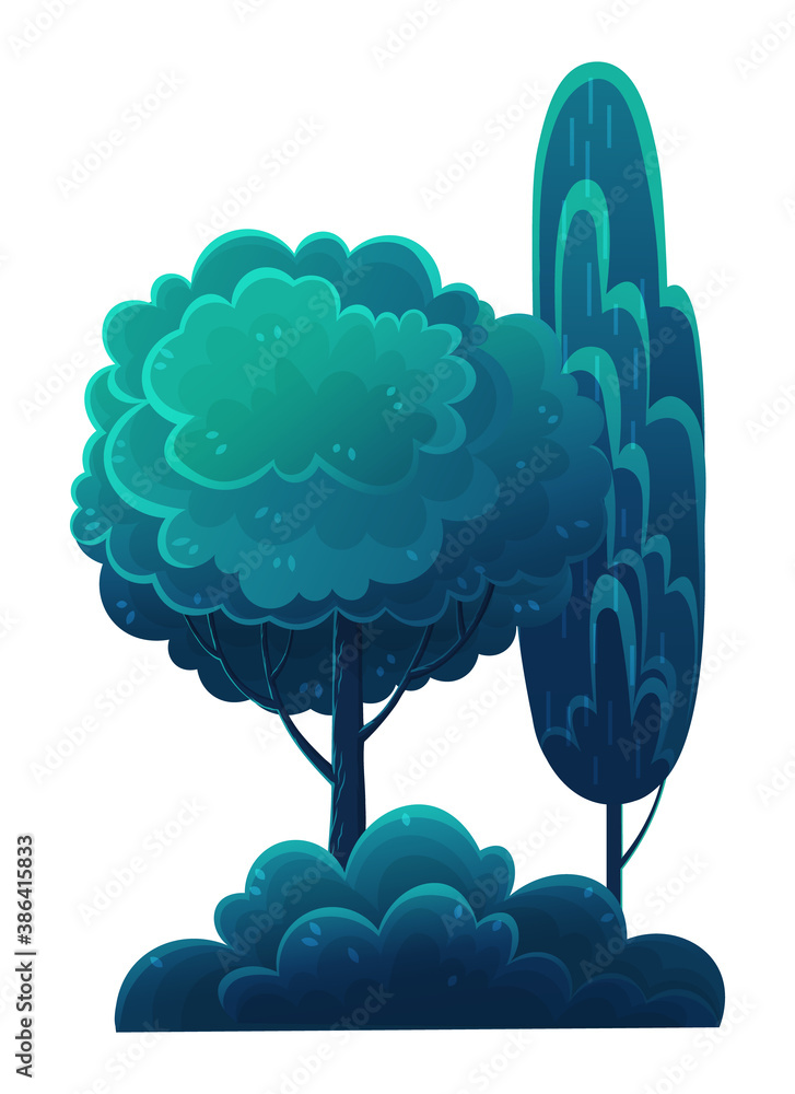 Deciduous tall trees, navy blue crown, flat cartoon style isolated on ...