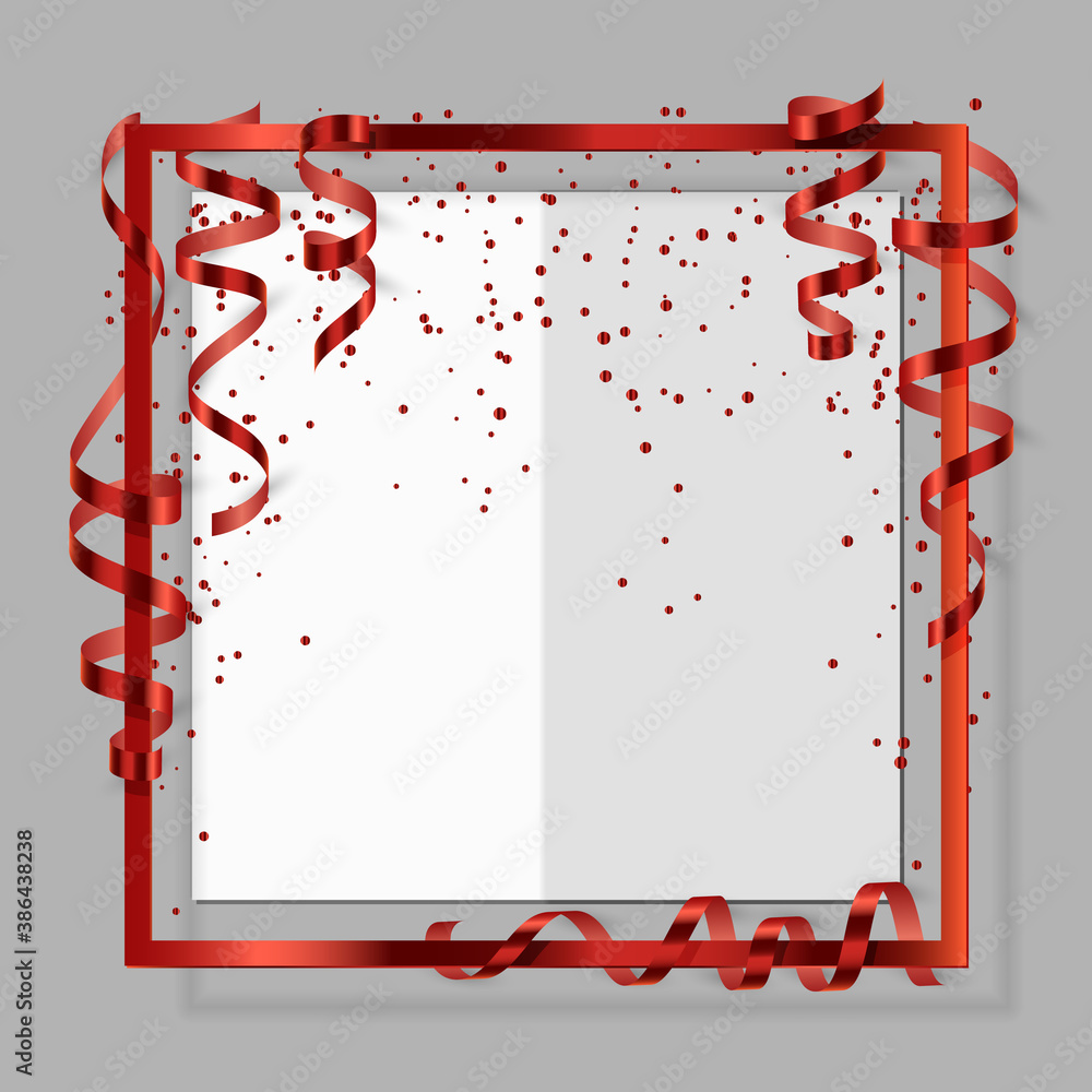 Red frame with red ribbon, serpentine, dust and white paper for flyer ...