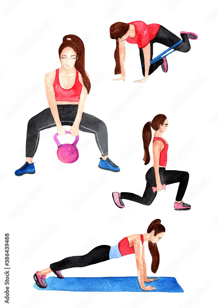 Fitness watercolor set.Fit girl ,sport exercises.Watercolor hand ...