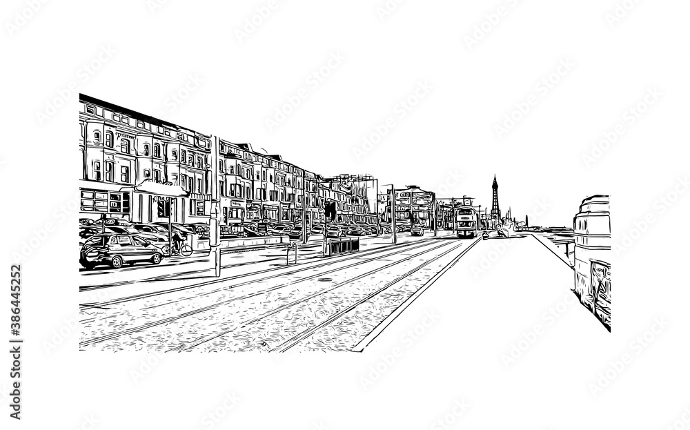 Building view with landmark of Blackpool is a seaside resort on the ...
