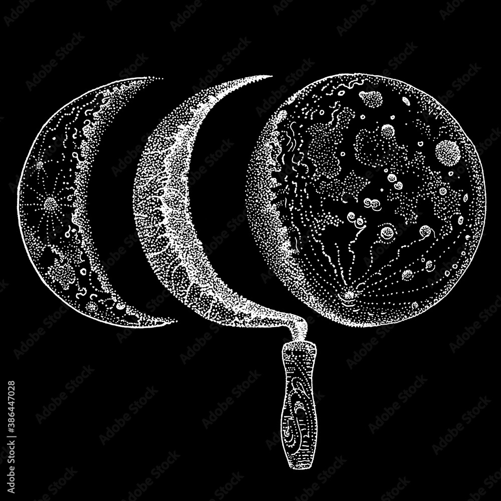 Sickle and moon phases. Waning and crescent moon. Hand drawn ink pen ...