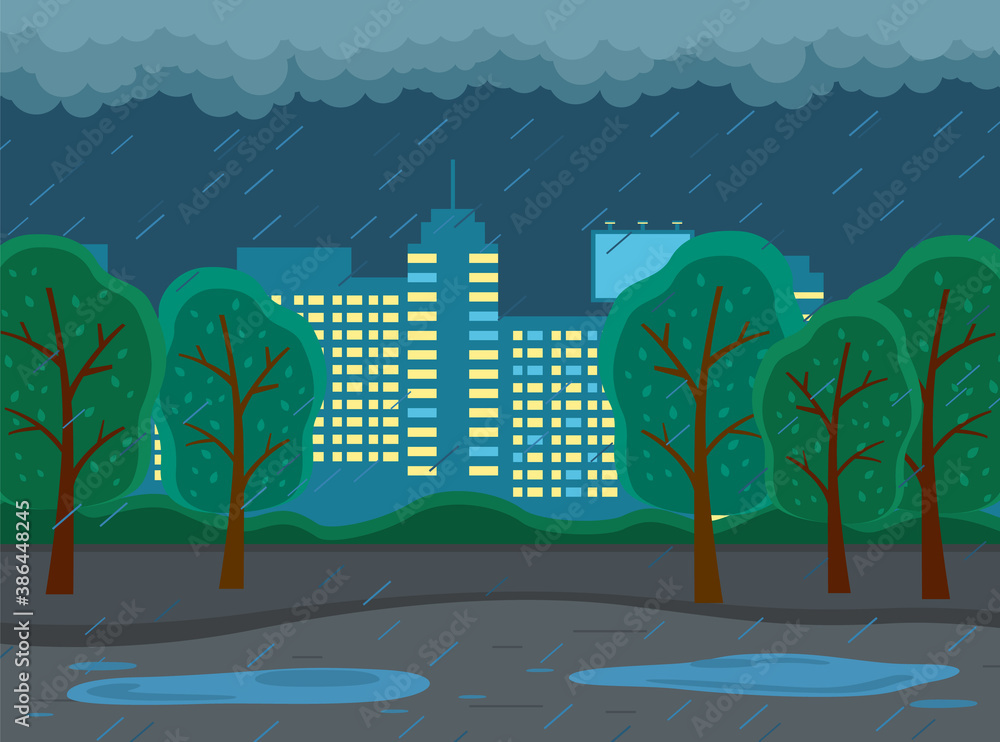 Rainy weather in city at night. Dark clouds looming over the town, goes ...