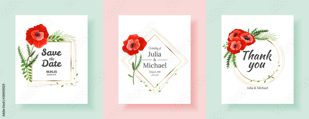 Botanical wedding invitation card template design, red and pink poppy ...