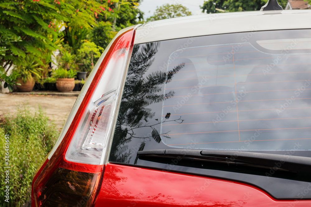 Back view of red car window for sticker mockup Stock Photo | Adobe Stock