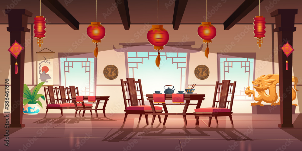 Chinese restaurant with food and tea on wooden table and chairs. Vector ...