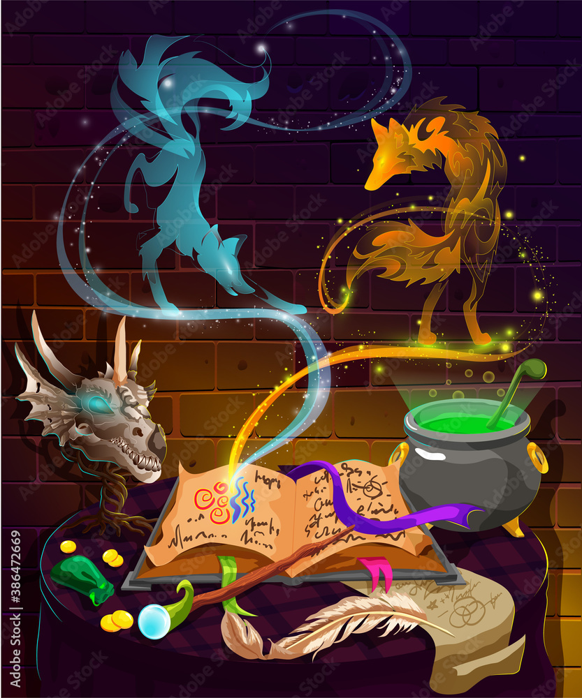 The process of a magic spell in the wizard's workshop, the eternal ...