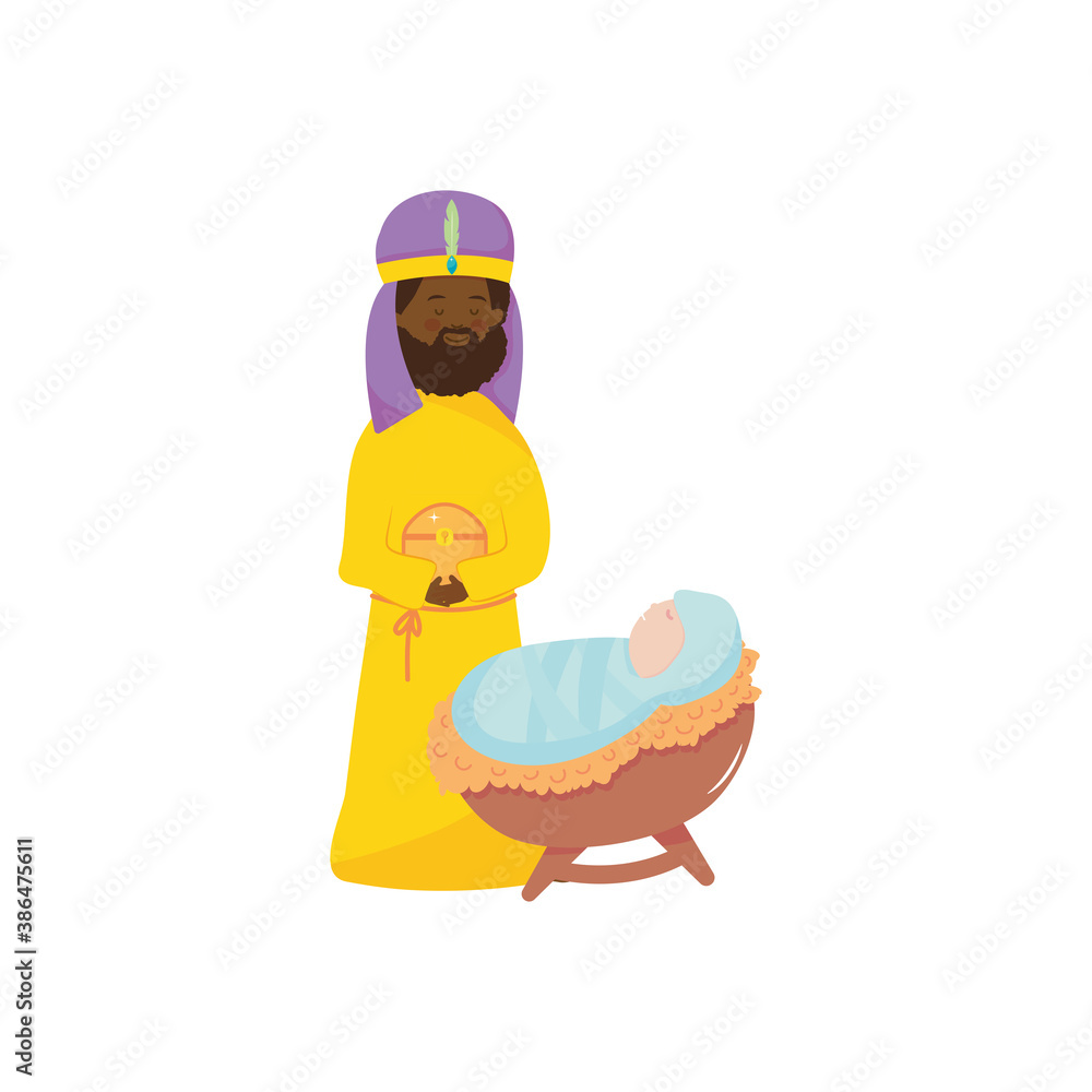 cartoon Baby jesus and balthazar magi wise icon, flat style Stock ...