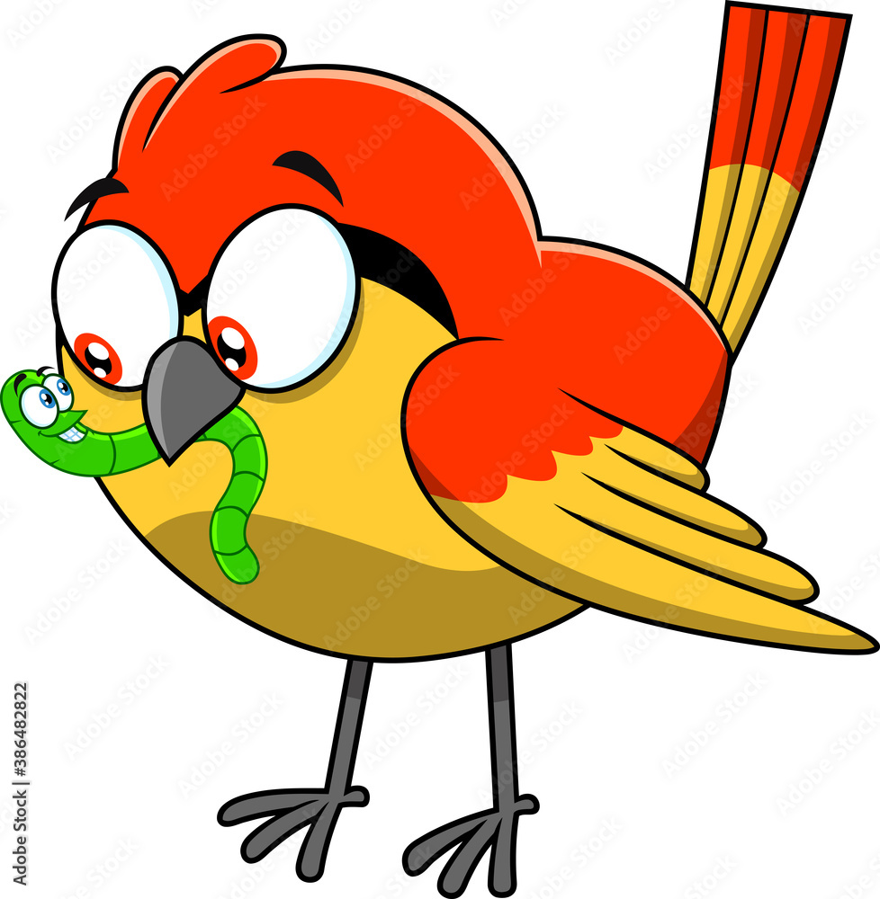 Early Bird Cute Cartoon Character With A Worm In Its Beak. Vector ...