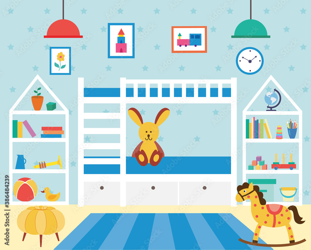 Kids bedroom with many toys and bunk bed, flat cartoon vector ...