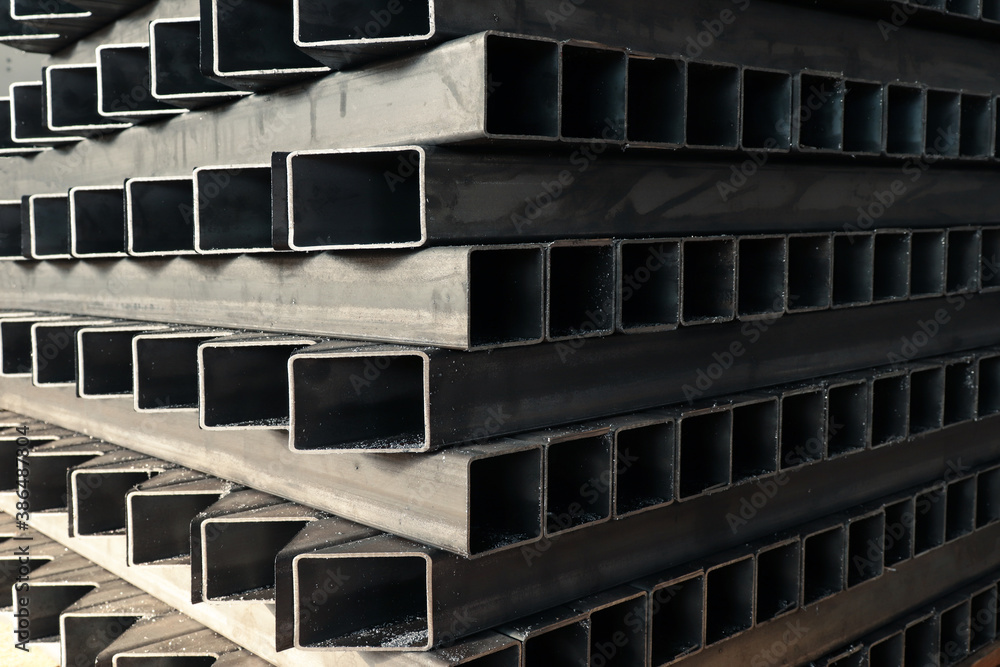 Cut profile pipe, folded in an even stack on a pallet. Manufactured cut ...