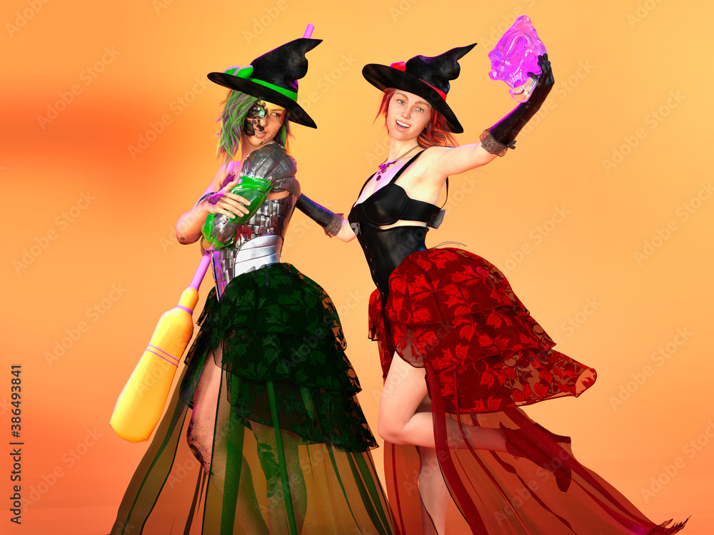 3D Photo of Two Young Women Dressed as Witches for Halloween Stock ...