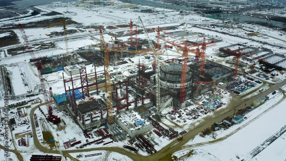 Aerial view of the construction of a nuclear power plant. Creation of ...