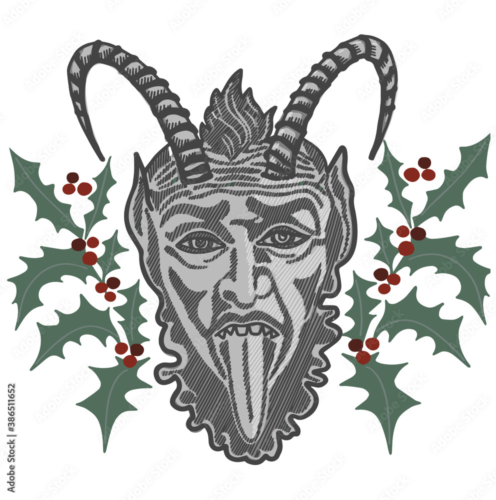 Krampus with sprigs of Mahonia. Scary krampus Holding Bundles of Birch ...