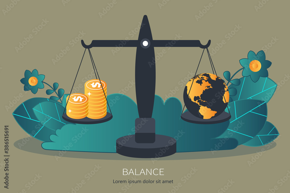Money balancing with world globe on scales. Flat vector illustration ...