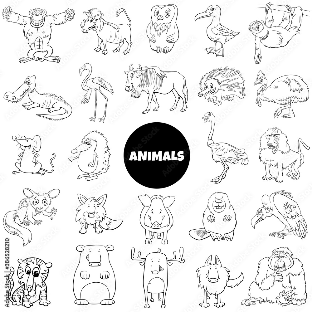 black and white cartoon wild animal characters big set Stock Vector ...