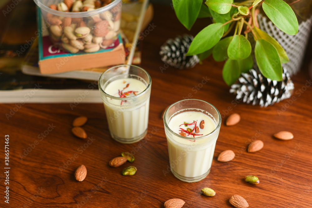 Kesar Badam milk shake or Almond Saffron milk prepared with almonds ...