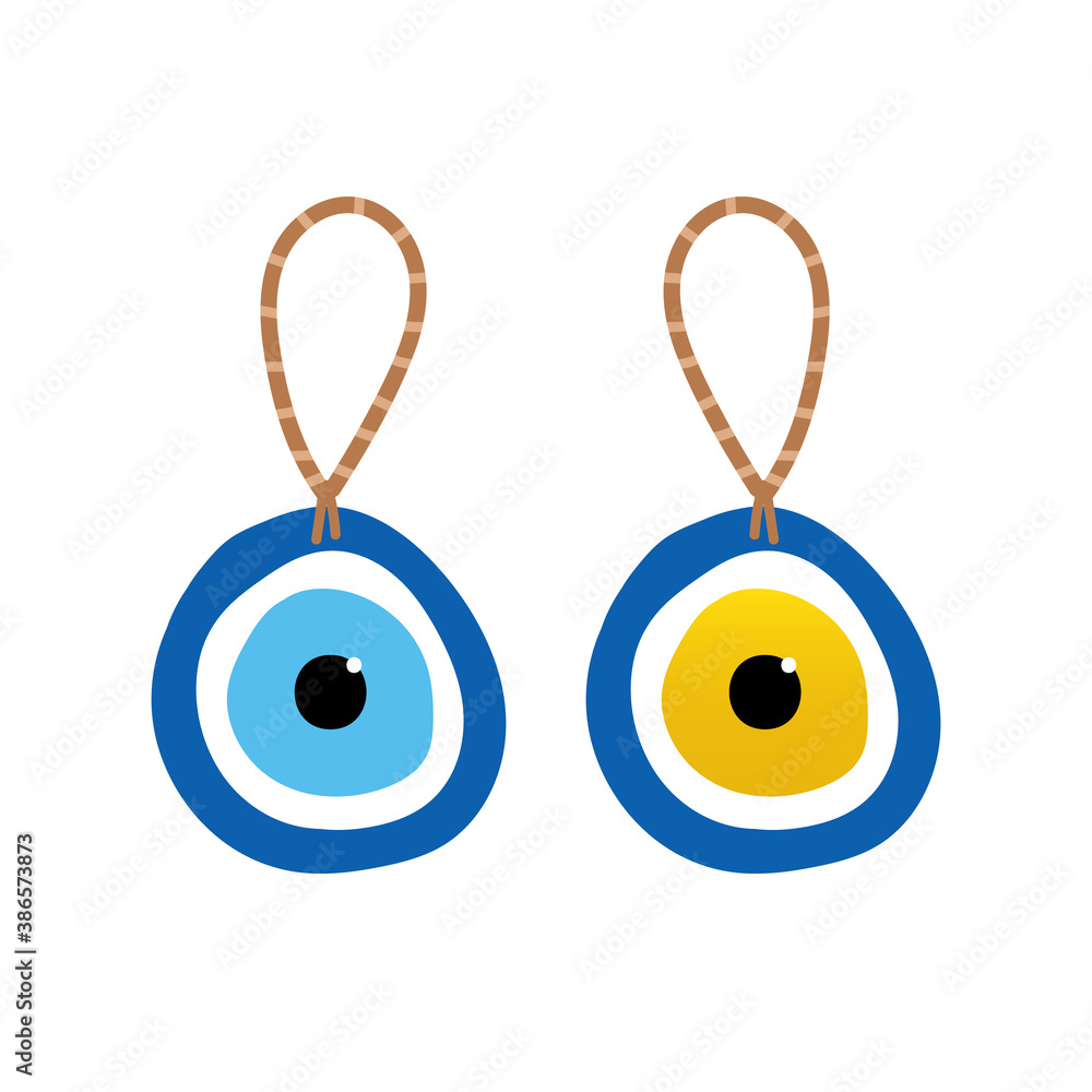 Couple of nazar amulets, evil eye protection talismans on rope. Turkish ...