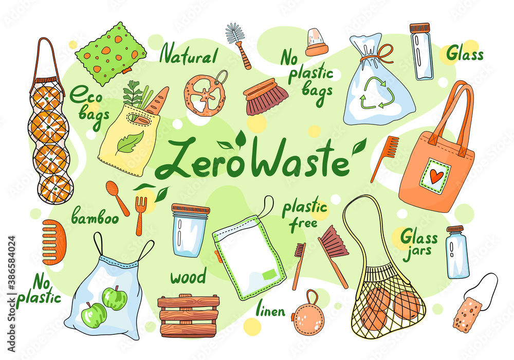 Set of zero waste elements and lettering. Zero waste doodles no plastic ...