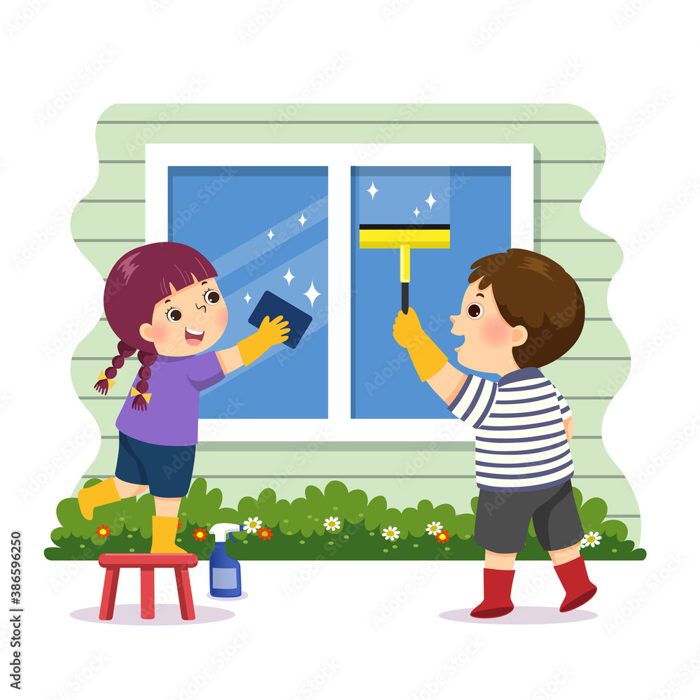 Vector illustration cartoon of siblings helping to clean the window at ...