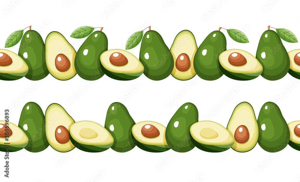 Avocado whole and half with leaves seamless horizontal border ...
