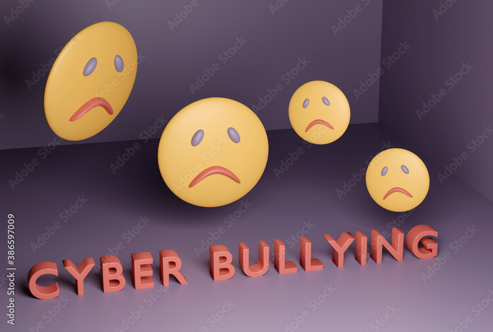 Cyber bullying concept, sad emoji in dark room. 3d render Stock ...