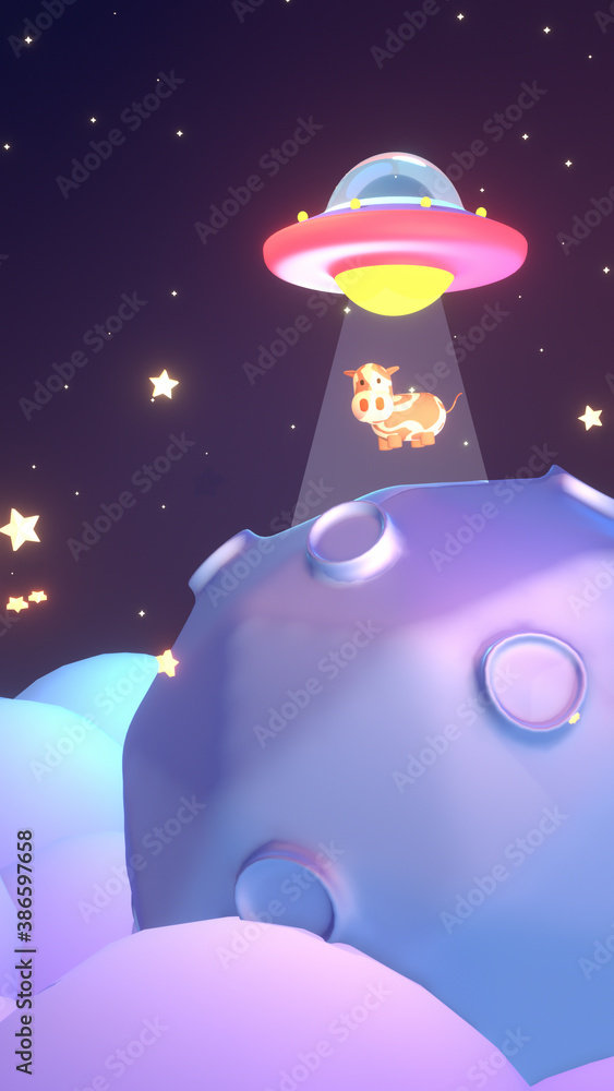 Cartoon UFO cow abduction. 3d rendering picture. (vertical) Stock ...