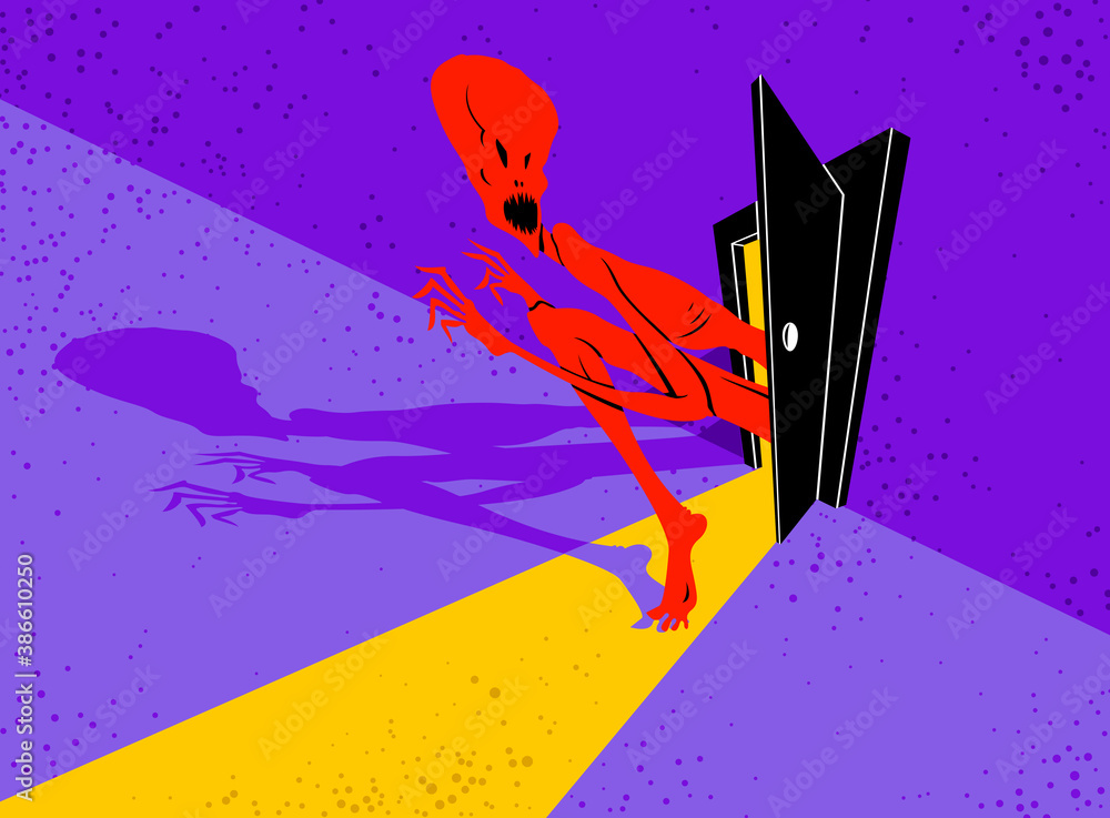 Nightmare monster comes into dark room bedroom vector stylish ...