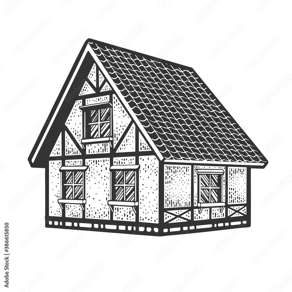 Timber framing half timbered old house sketch engraving vector ...