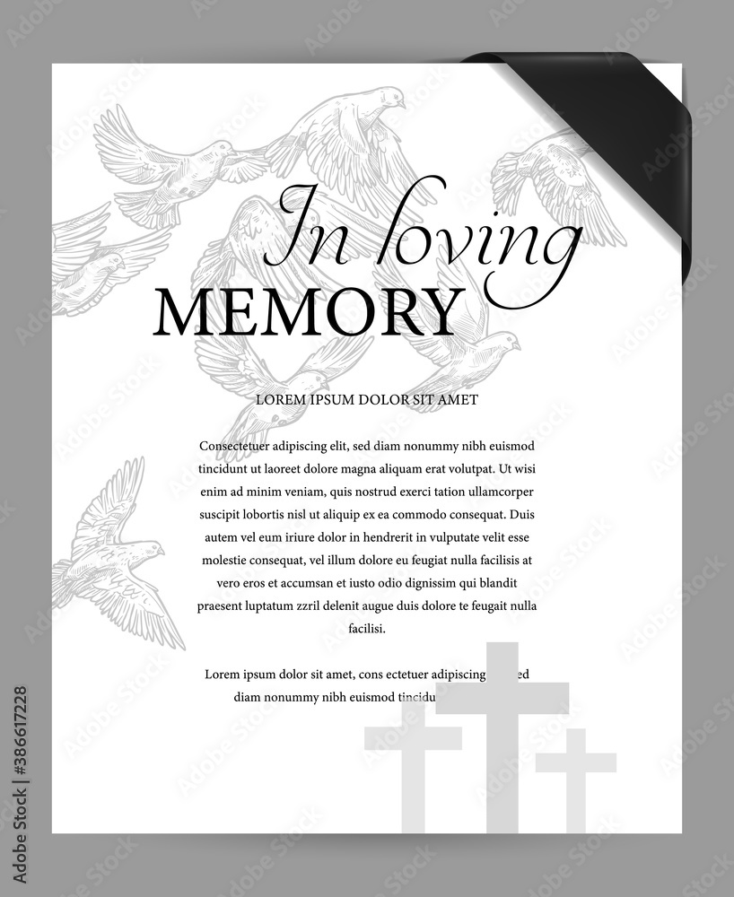 Funereal card design template with black mourning ribbon on corner ...