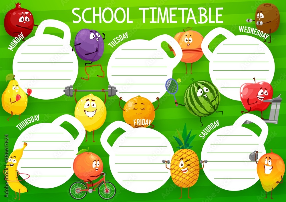 Education school timetable vector template with cartoon fruits ...