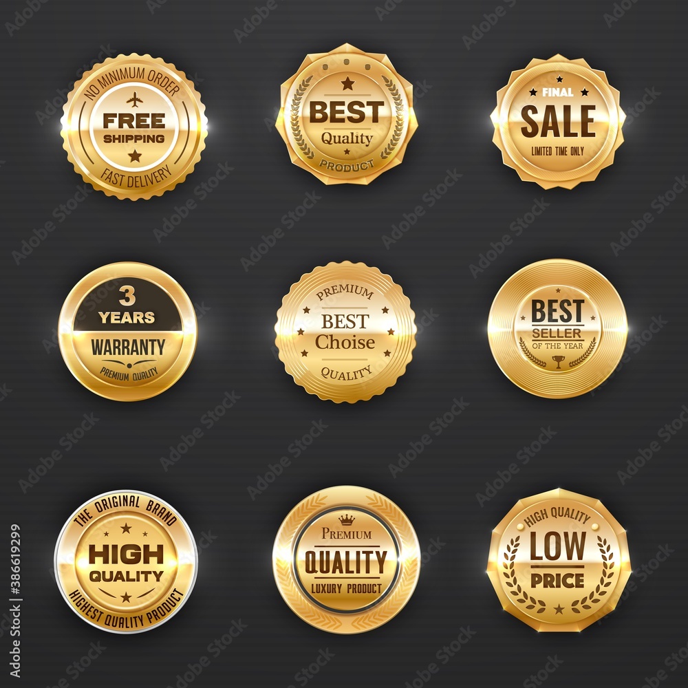 Warranty and quality labels vector golden emblems with laurel branches ...