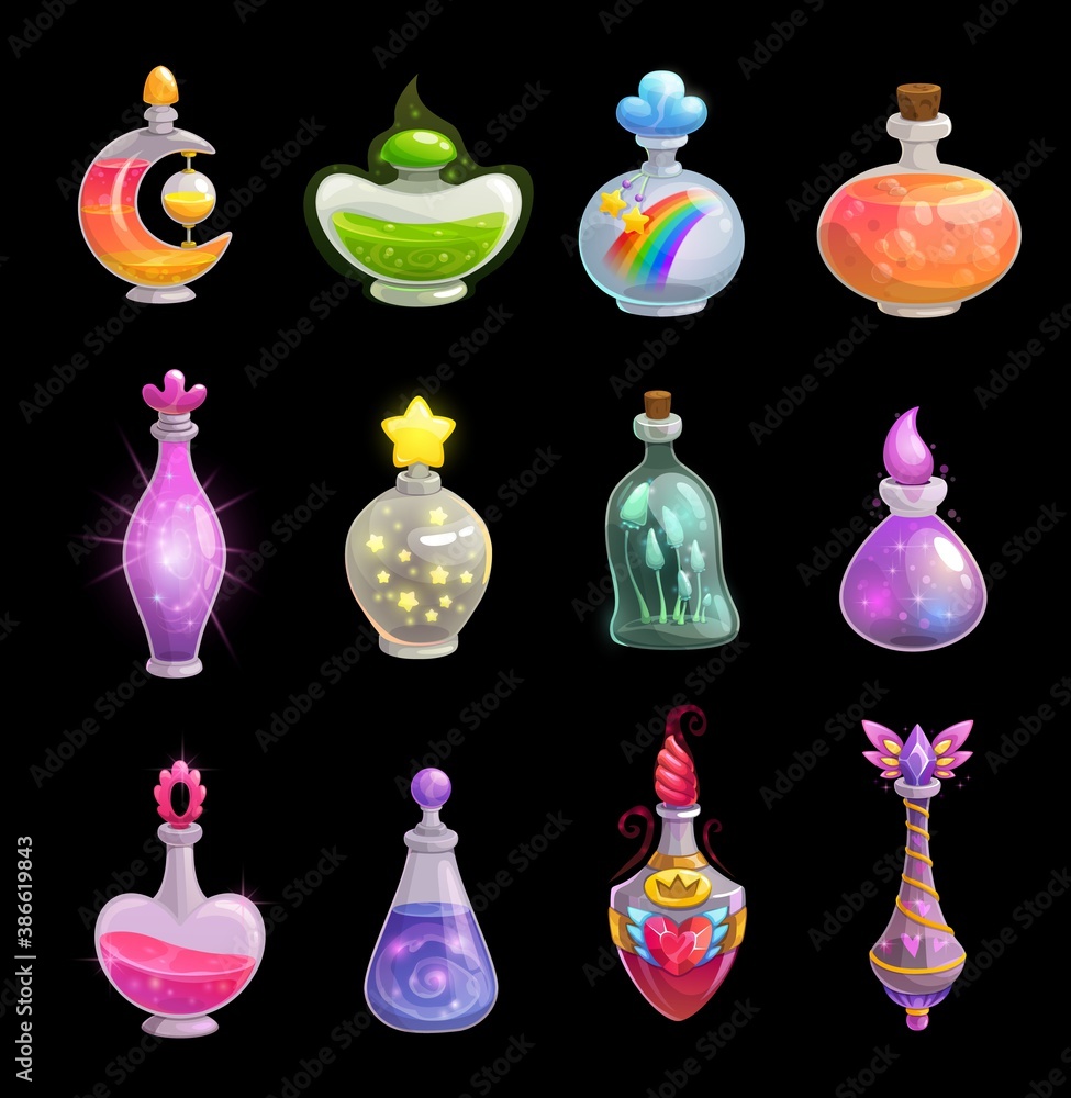 Potion bottles vector icons, elixir in glass flasks with magic dust and ...