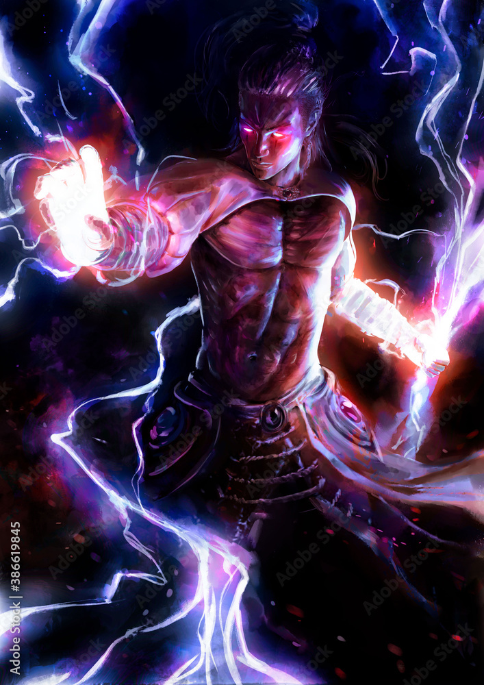 A powerful handsome male magician with glowing eyes emits purple ...