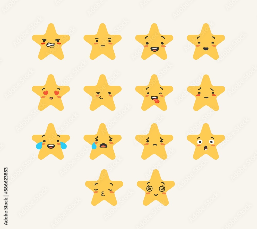 Cartoon star emoji rating. Set emotions of characters stars with joyful ...