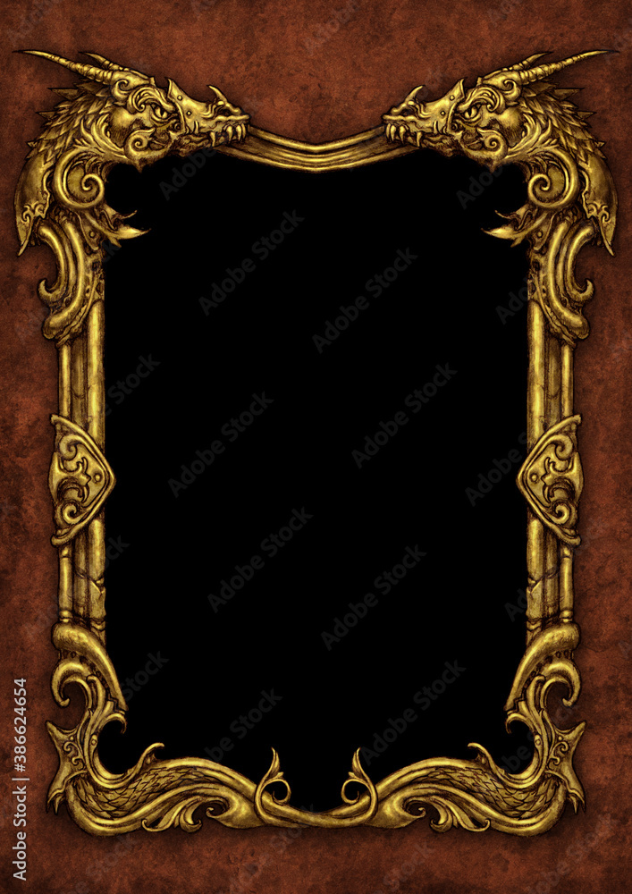 Fantasy golden dragon frame background - digital illustration Stock ...