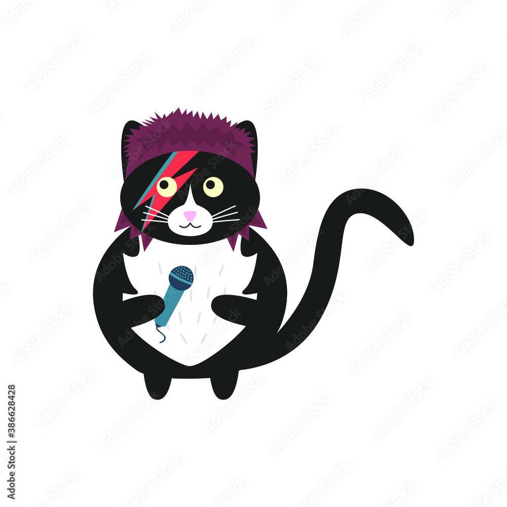 Сute cat singer Bowie with a microphone and funny hairstyle. Doodle ...