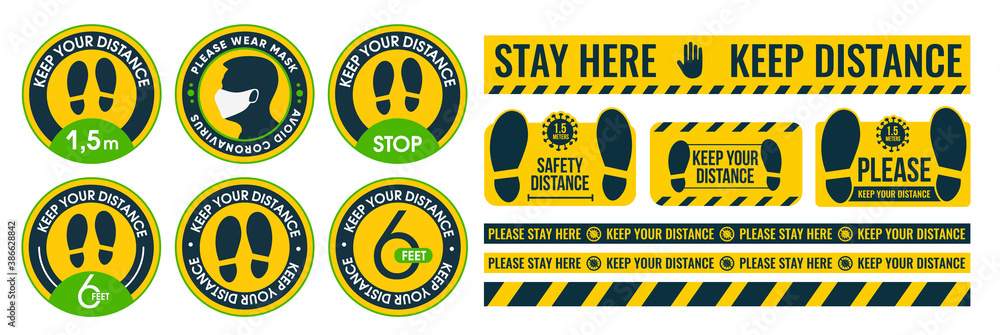 Large collection of social distance floor stickers, round and linear ...