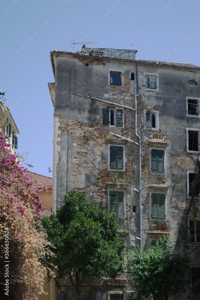 Beautiful Corfu island. Aged but handsome buildings in the heart of the ...