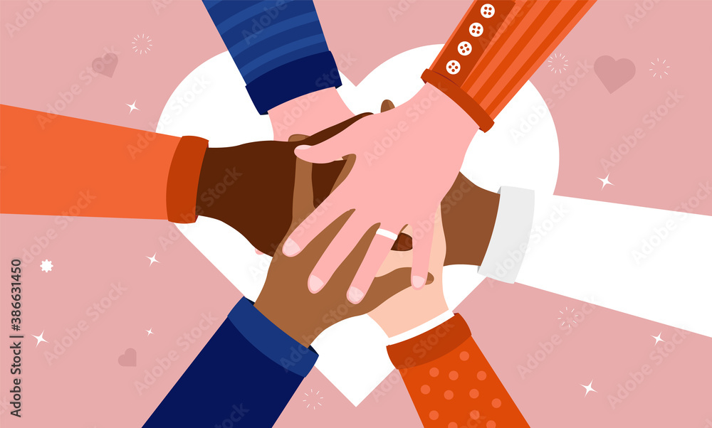 Diversity friendship - Team of casual people putting hands together ...