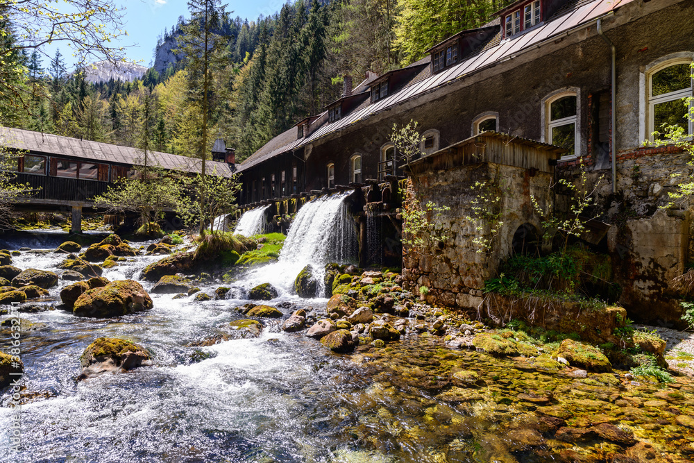 waterfall at old iron factory at the river piessling in the valley ...