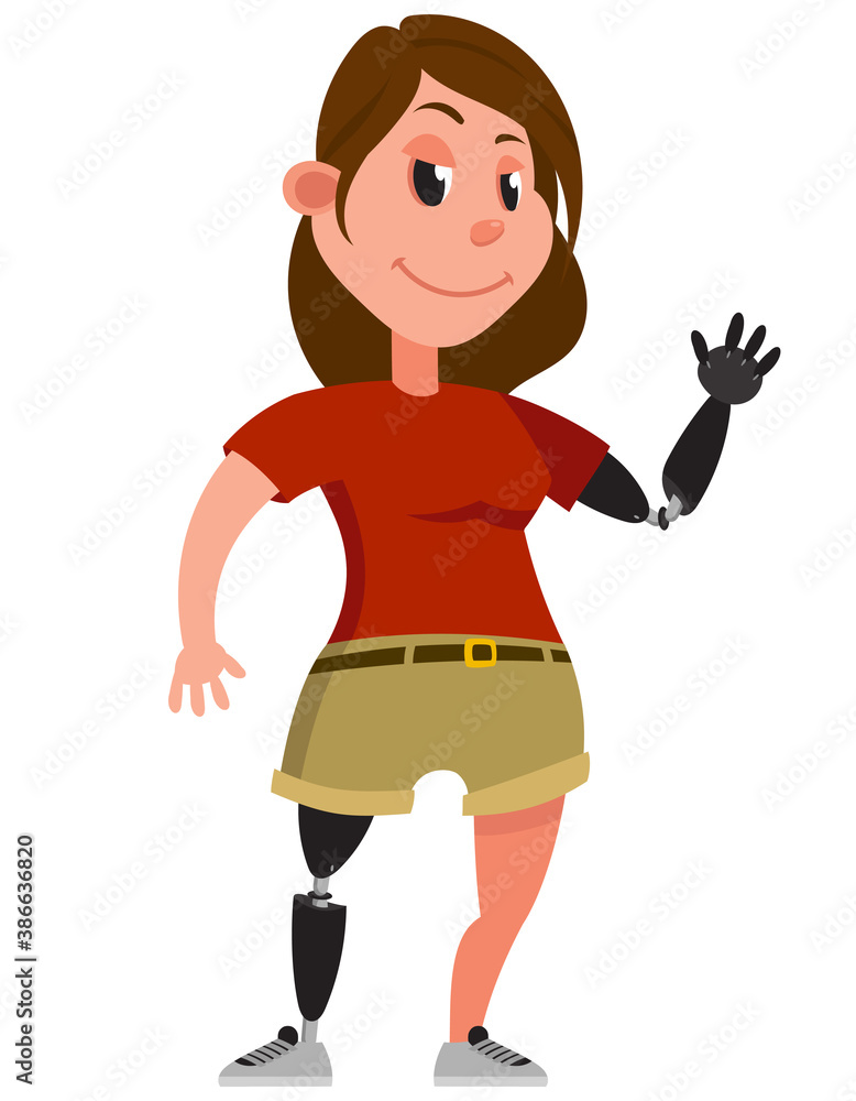 Woman with prosthetic arm and leg. Female character in cartoon style ...