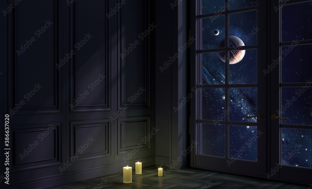 Room with a window at night and space Stock Illustration | Adobe Stock