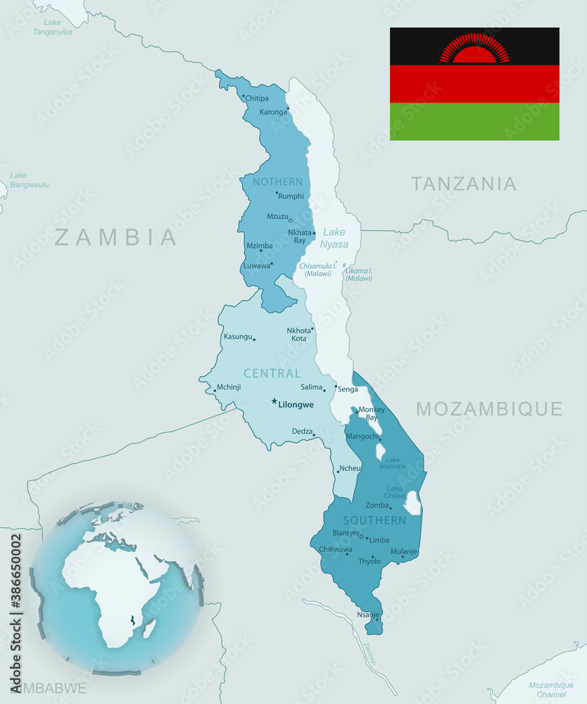 Blue-green detailed map of Malawi administrative divisions with country ...