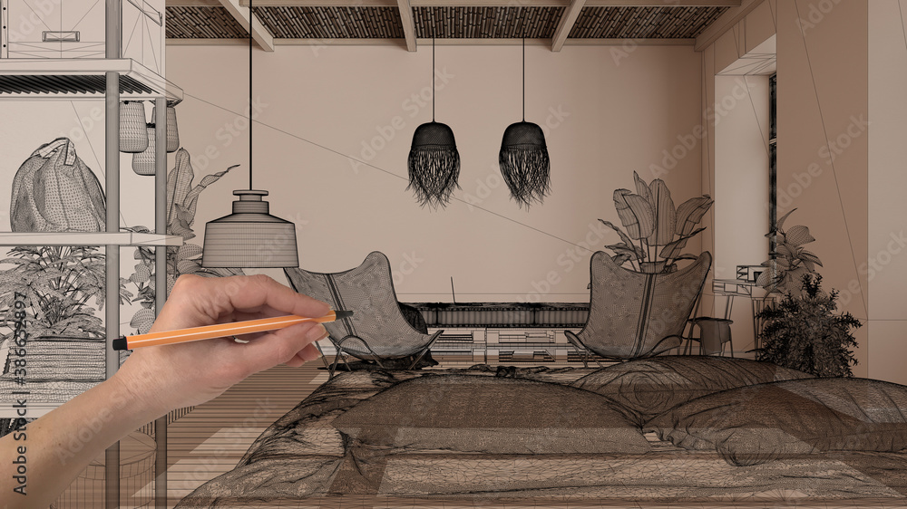 Hands holding pen and drawing on empty modern interior with white walls ...