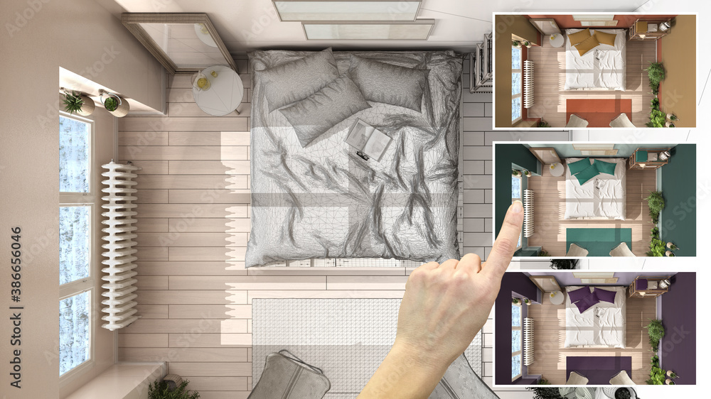 Architect designer concept, hand showing colored country bedroom ...