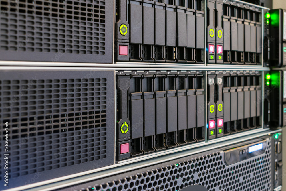 The front panel of hosting servers is in the datacenter. Computer ...