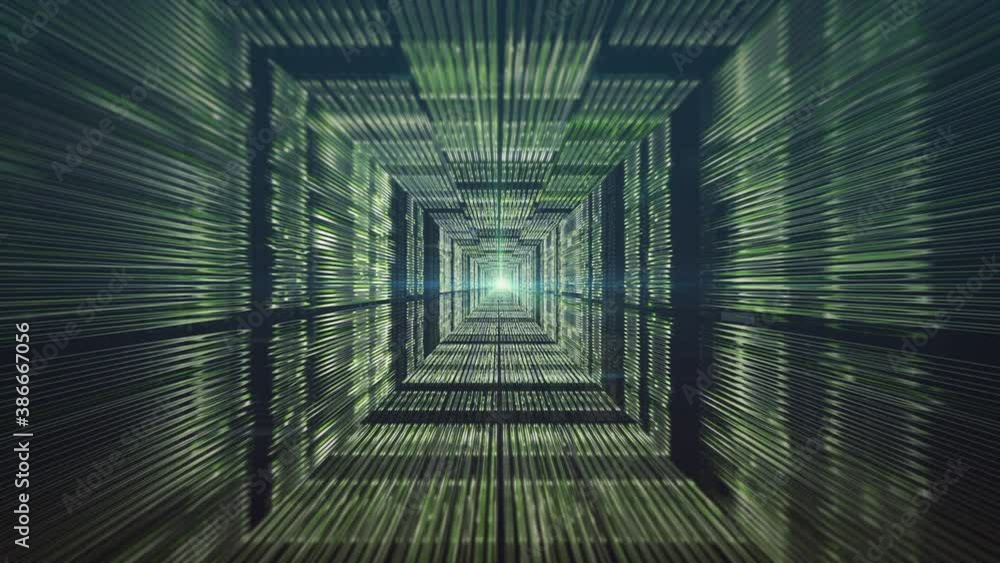 Loop flight through digital matrix tunnel with binary data on the walls. Abstract green tunnel ...