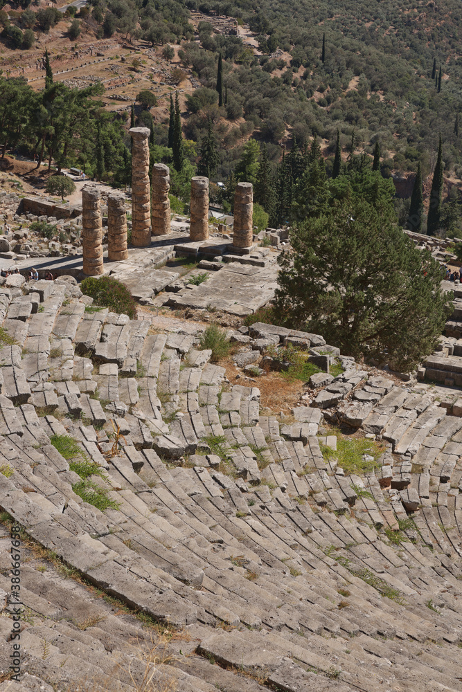 Panoramic view of Ancient Theater of Delphi, Phocis in Greece. The ...